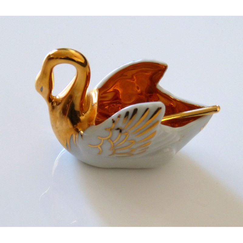 Salière Cygne Robj vintage porcelaine blanche dorée avec cuillère dorée