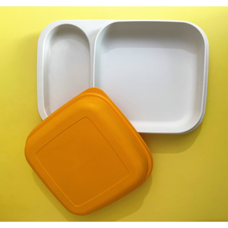 Plateau-repas Tupperware vintage avec couvercle, jaune orangé