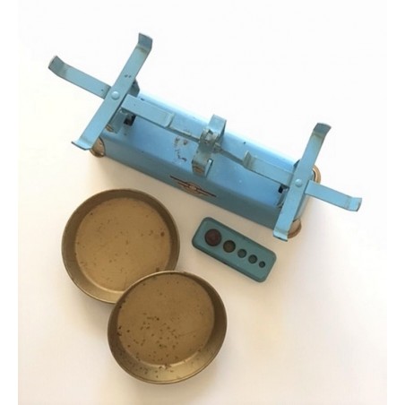 Balance Jouet La petite vendeuse 50's en métal/tôle bleu avec plateaux